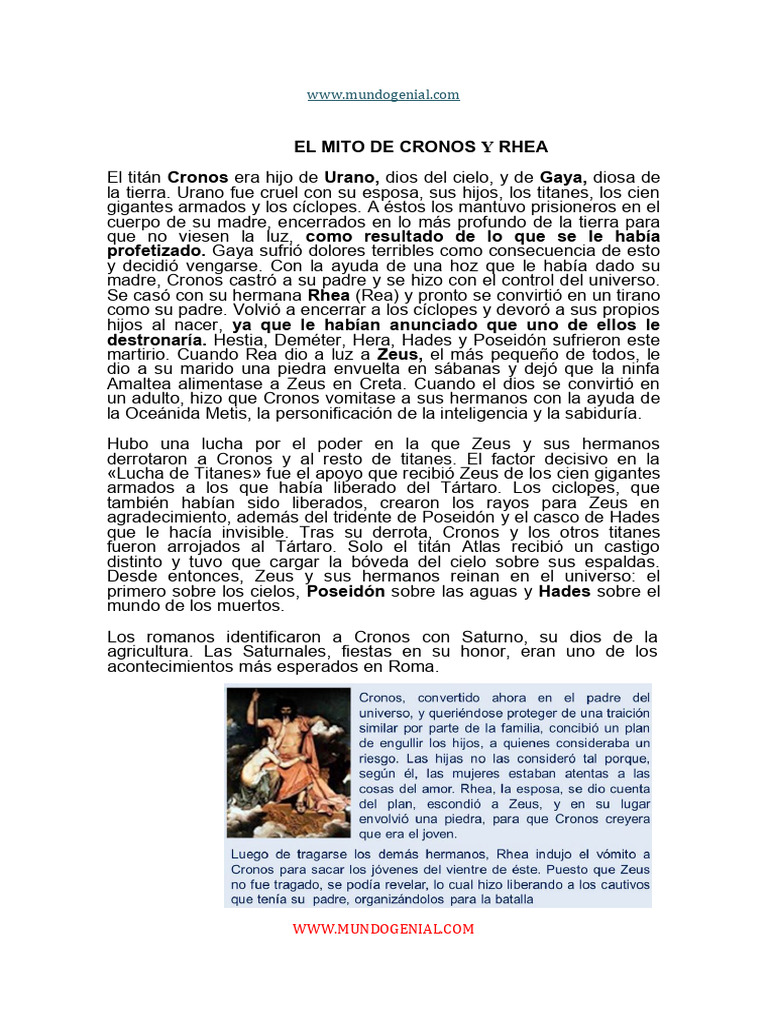 El Mito de Cronos y Rhea Lectura | PDF