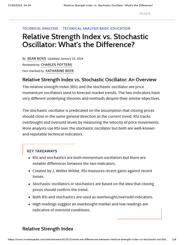 Relative Strength Index vs. Stochastic Oscillator - What's The Difference | PDF | Market ...