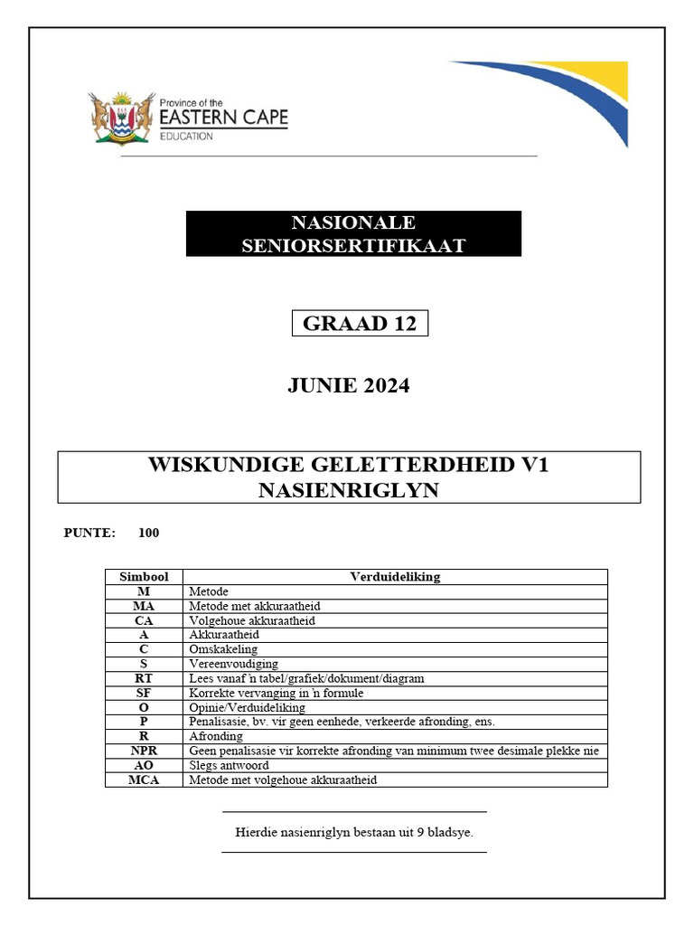 MATHS LIT P1 GR12 MEMO JUNE 2024 - Afrikaans | PDF MATHS LIT P1 GR12 MEMO JUNE 2024 - Afrikaans | PDF