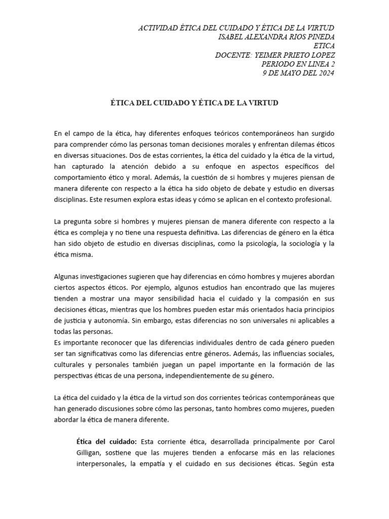 Isabel Rios Etica Del Cuidado y Etica de La Virtud | PDF | Moralidad | Virtud