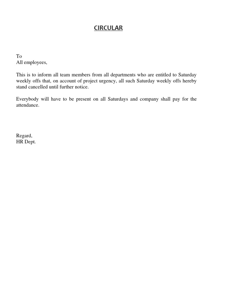 CIRCULAR - Saturday Off Cancellation | PDF