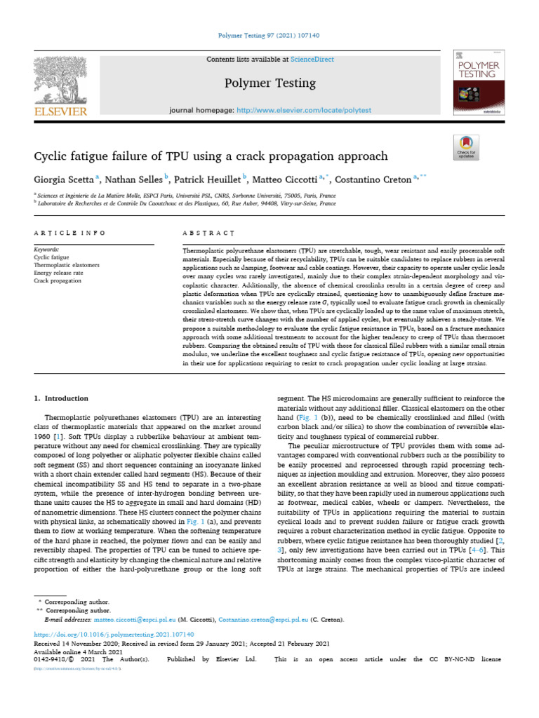 Cyclic Fatigue Failure of TPU Using A Crack Propagation Approach | PDF ...