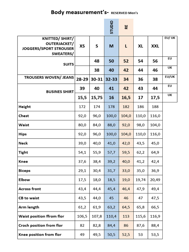 Male Body Measurements Chart PDF | PDF | Trousers | Softlines (Retail)