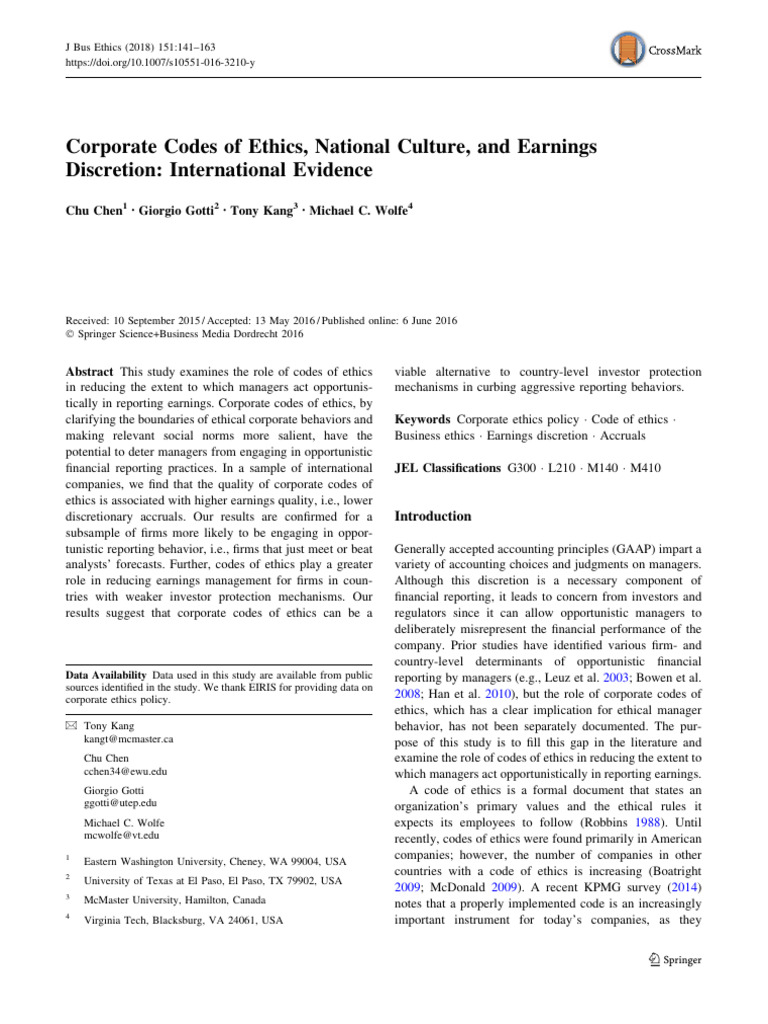 Corporate Codes of Ethics, National Culture, and Earnings Discretion ...