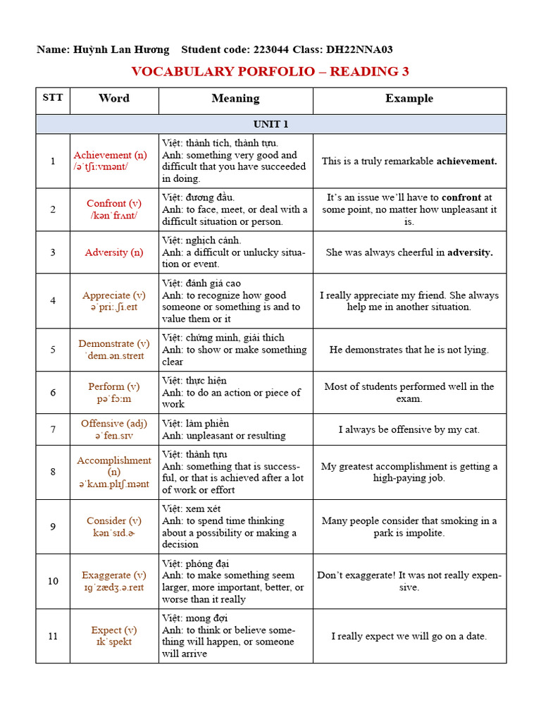 Vocabulary Porfolio-Reading 3 | PDF | Vietnam
