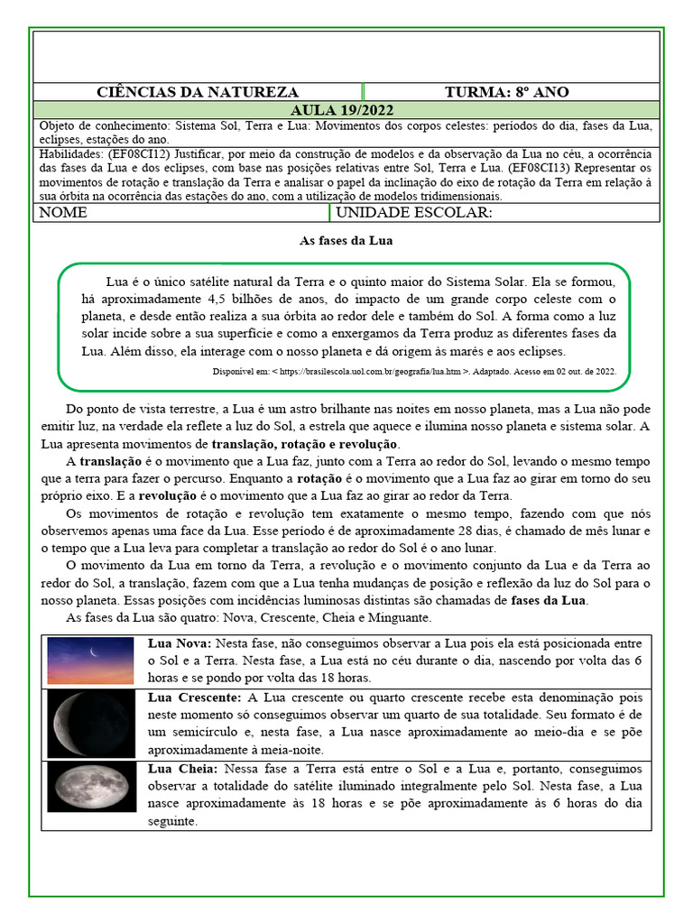 Aula 19 - 8º CN - Sistema Sol, Terra e Lua | PDF | Lua | Terra