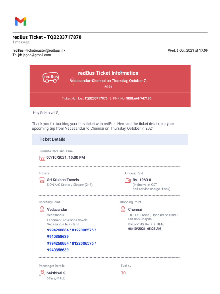 Gmail - RedBus Ticket - TQB233717870 | PDF | Ticket (Admission) | Bus