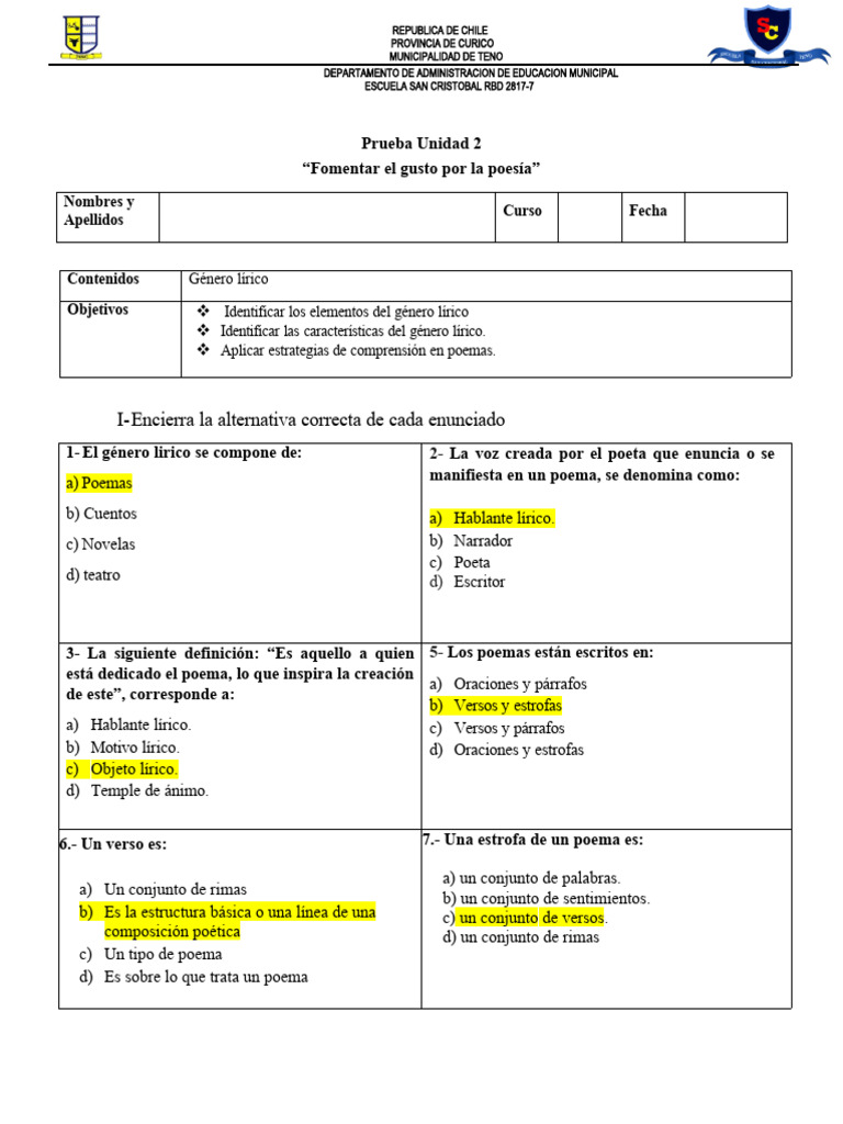 Prueba de Género Lírico 6° Básico | PDF | Poesía