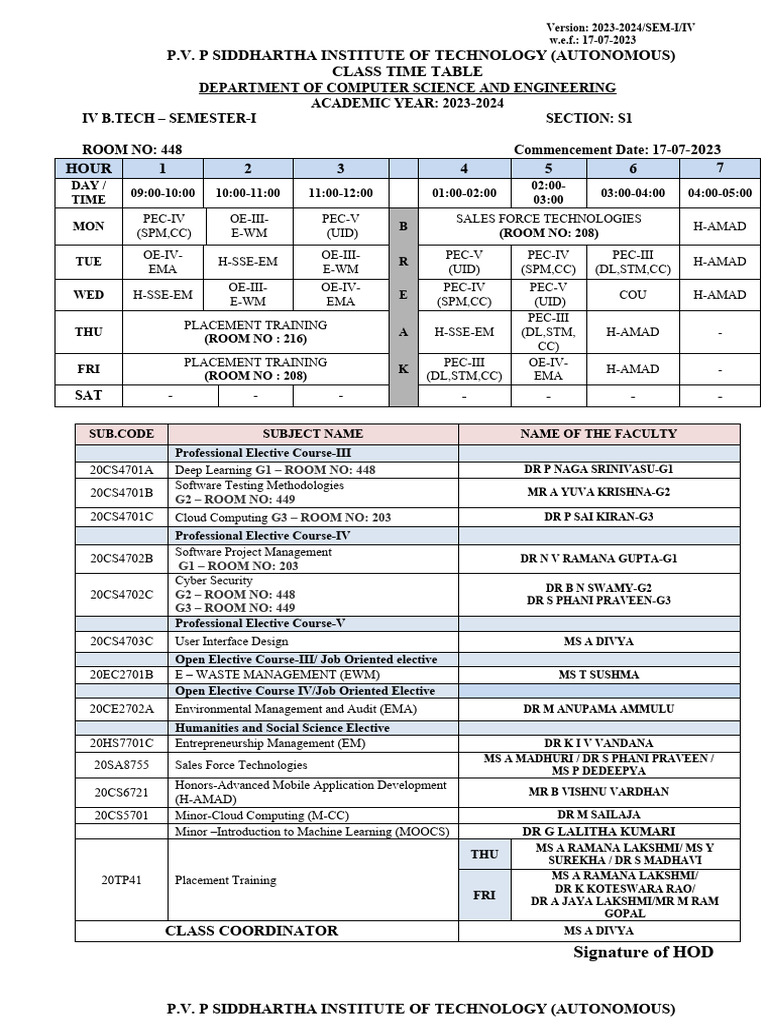 CSE IV B.Tech Semester-I Timetable | PDF | Computing | Engineering