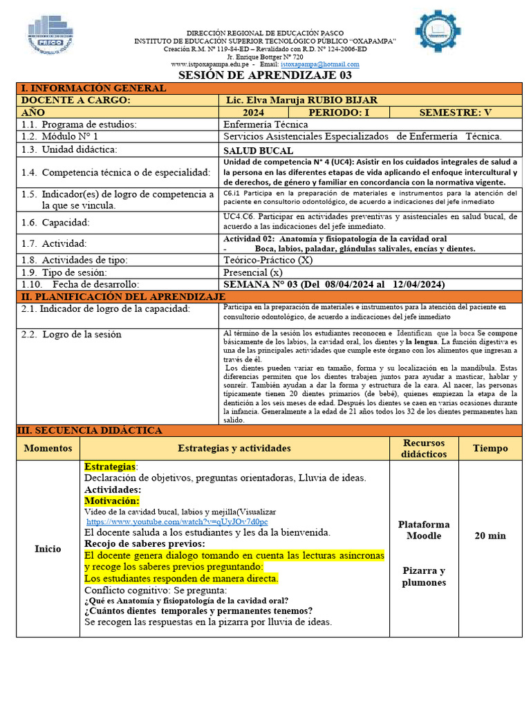 SESION DE APRENDIZAJE 03 SALUD BUCAL | PDF | Boca | Odontología