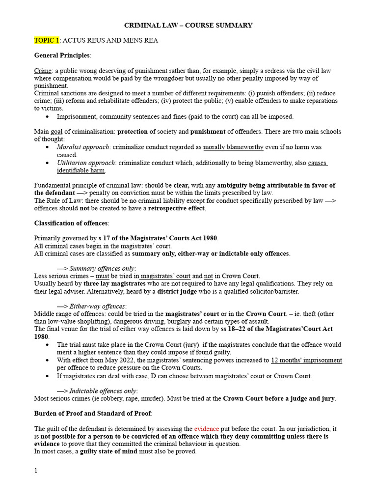 Criminal Law - Course Summary | PDF | Recklessness (Law) | Burden Of ...