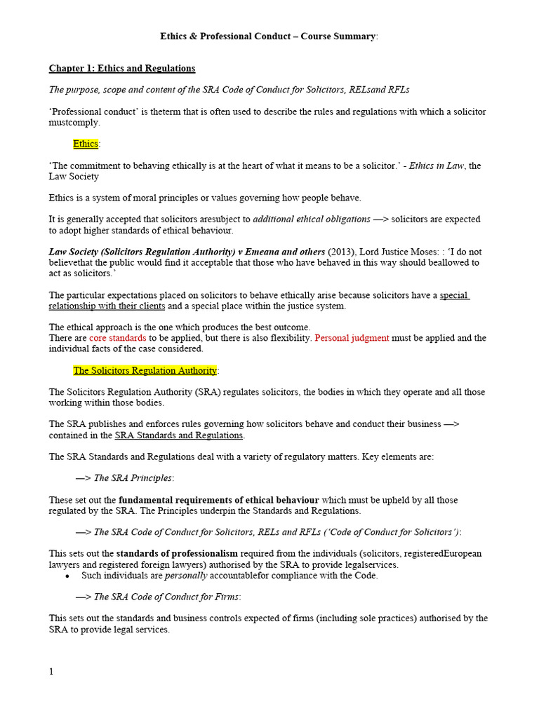 Ethics & Professional Conduct - Course Summary | PDF | Dishonesty | Solicitor