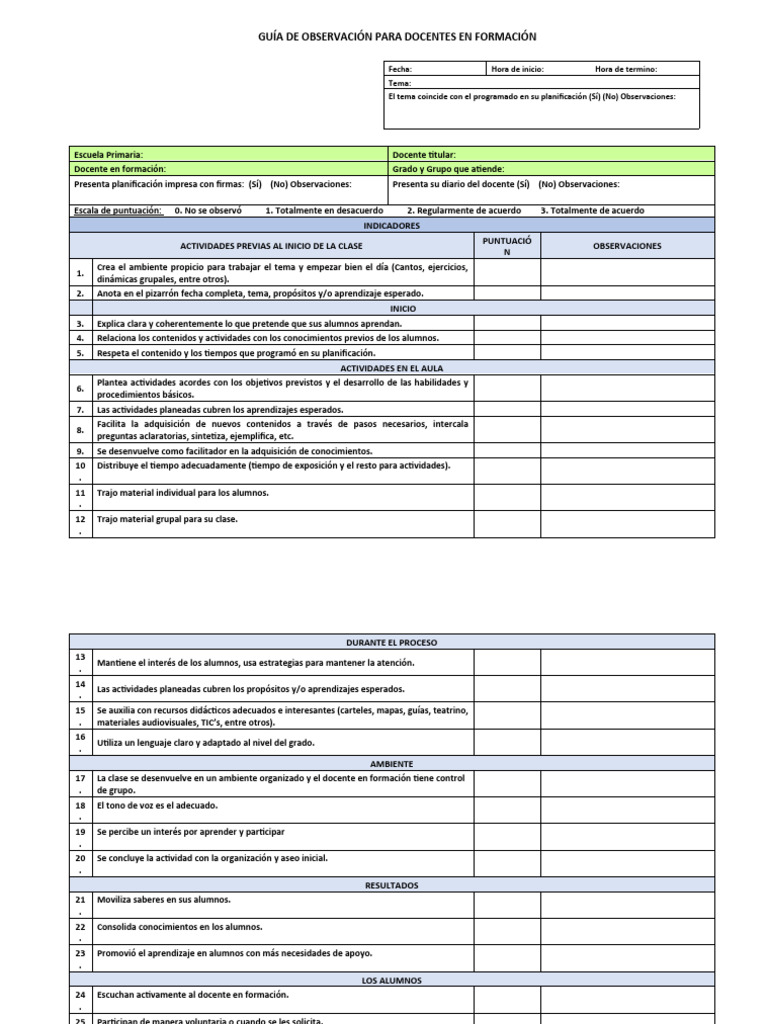 Guía De Observación Para Docentes En Formación Pdf Maestros Enseñando