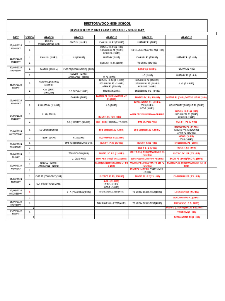 Revised Term 2 2024 Exam Timetable Gr 8-12-240523_190411 | PDF