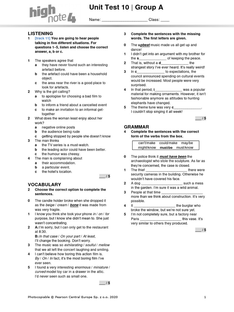 HighNote4 U10 Test A | PDF