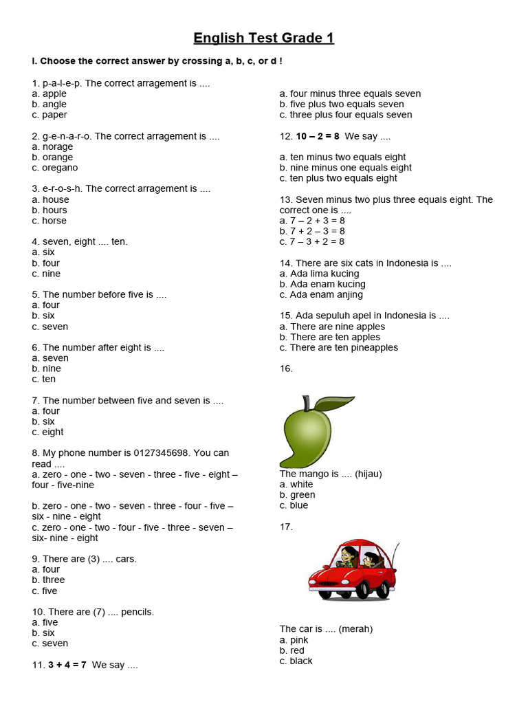 English Test Grade 1 | PDF