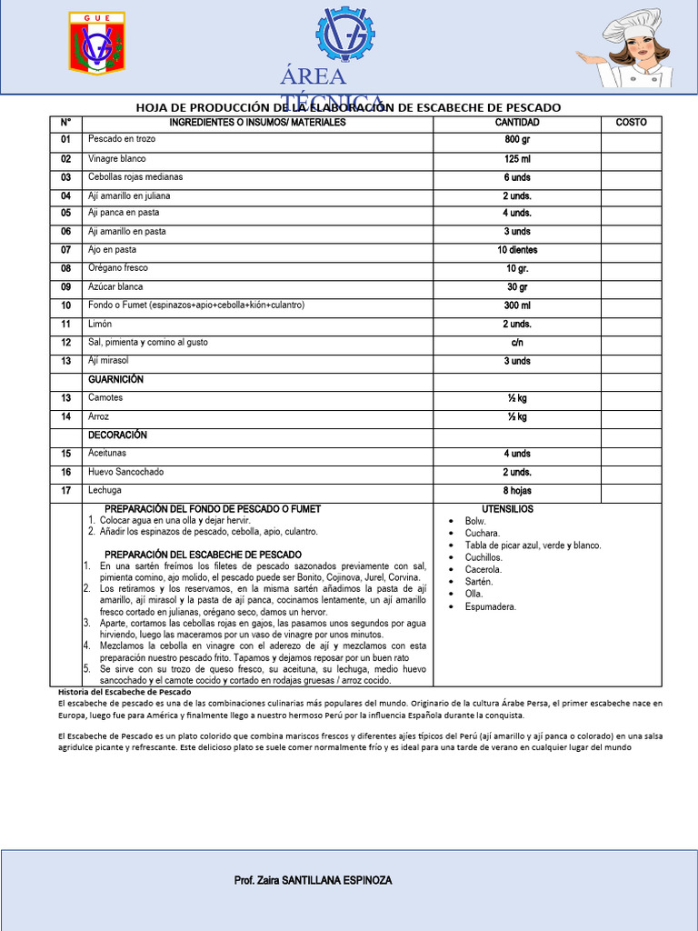 Hoja de Practica - Escabeche de Pescado | PDF | Ingredientes de comida ...