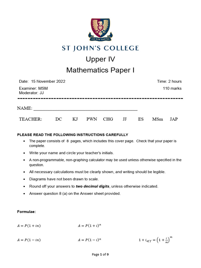 2022 UIV Nov Paper 1 | PDF | Area | Interest