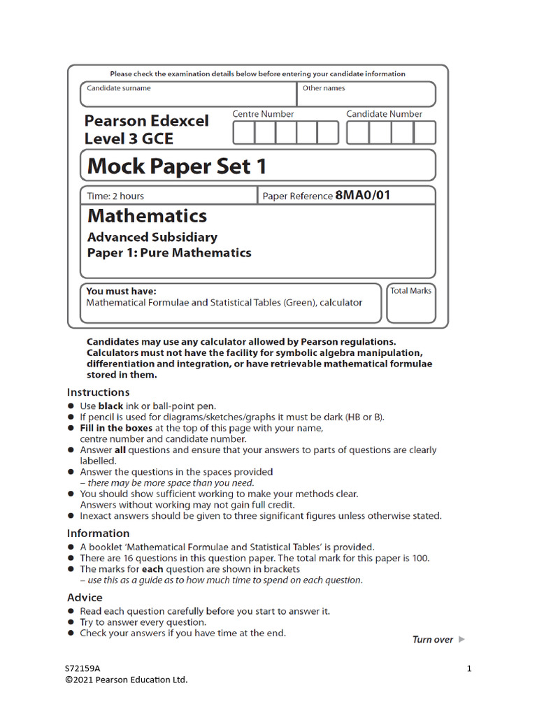 Edexcel A Level Maths Mock Set 1 | PDF | Equations | Cartesian ...