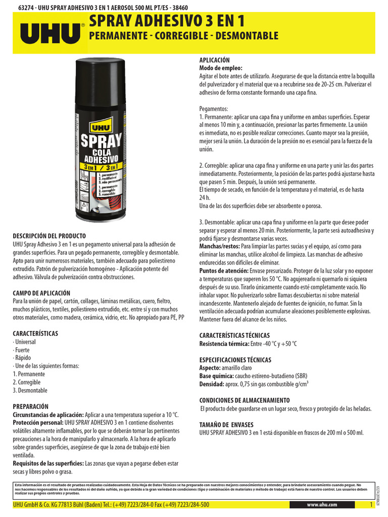 Adhesivo Spray 3en1 Uhu 200ml | PDF | Adhesivo | Materiales