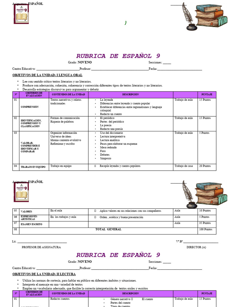Rubrica de Evaluación Español 9 | PDF | Lengua española | Poesía