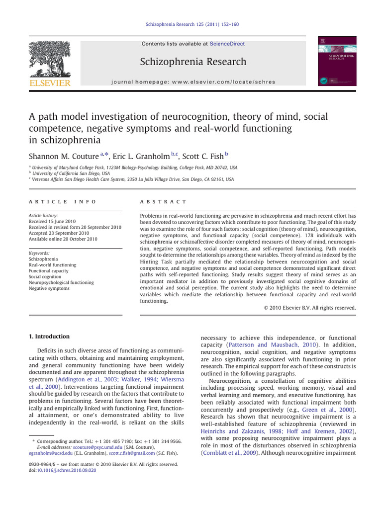 A path model investigation of neurocognition, theory of mind, social competence, negative ...