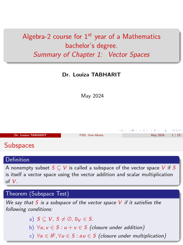 Vector Space Summary | PDF | Linear Subspace | Vector Space