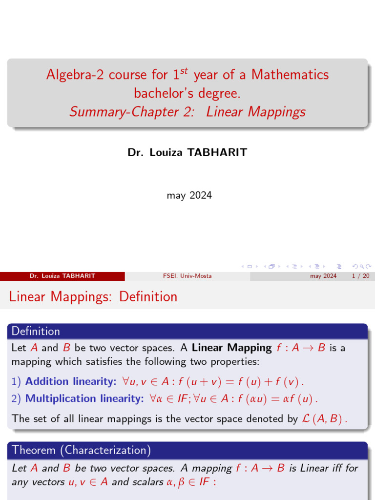 Summary Alg2 Chap2 Linear Mappings | PDF | Linear Map | Vector Space