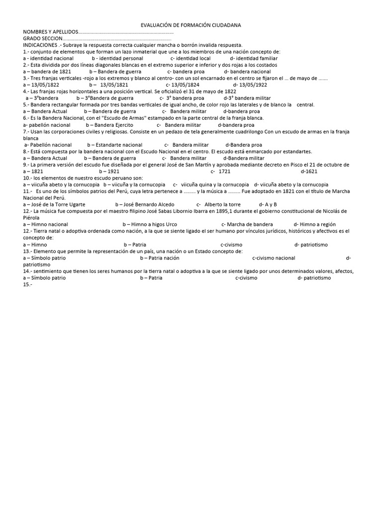 EVALUACION DE FORMACION CIUDAD Y CIVICA | Descargar gratis PDF | Símbolos nacionales | Los símbolos