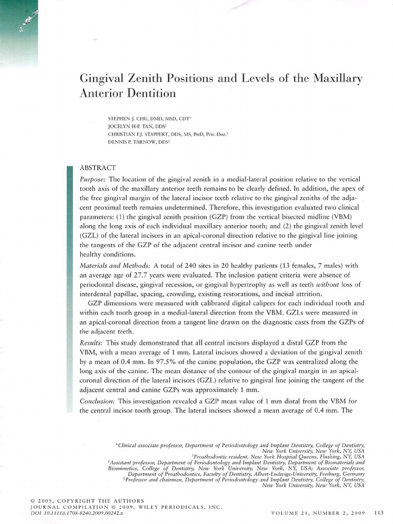 Gingival Zenith Positions and Levels of The Maxillary Anterior ...