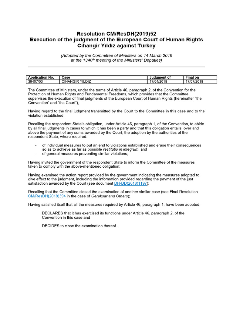 ECHR Judgment Execution: Yıldız v. Turkey | PDF | Law