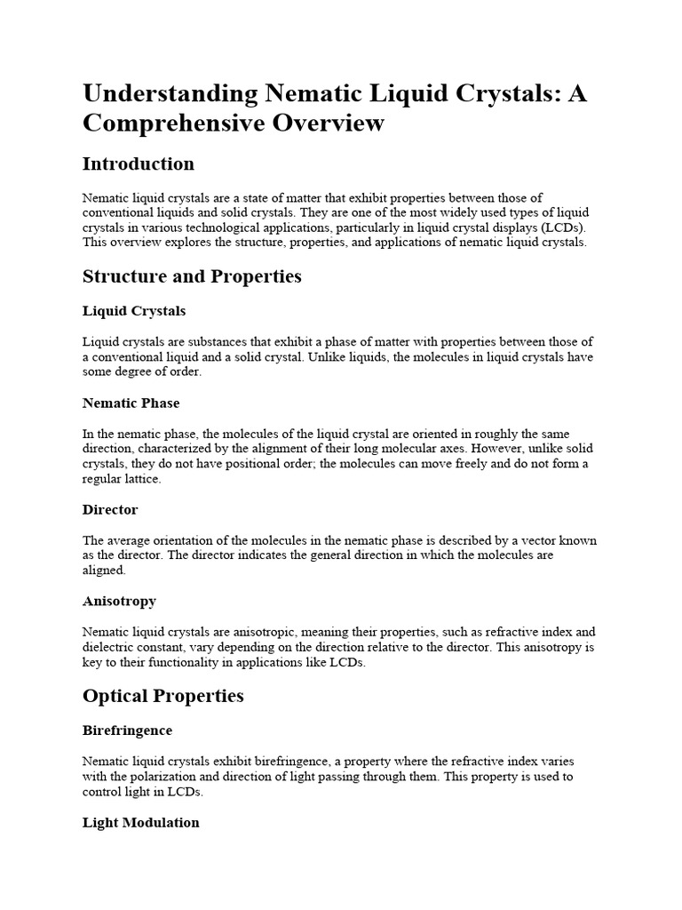 Nematic Liquid Crystals Overview | PDF | Liquid Crystal | Liquid ...