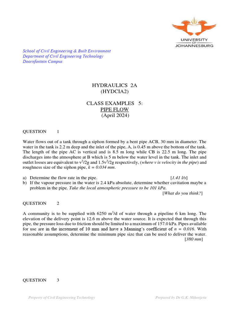Class Examples 5, Pipe Flow | PDF | Pipe (Fluid Conveyance) | Pressure