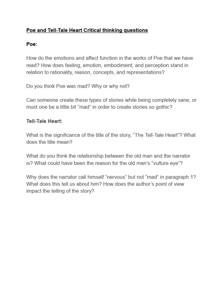 Poe and Tell-Tale Heart Critical Thinking Questions | PDF