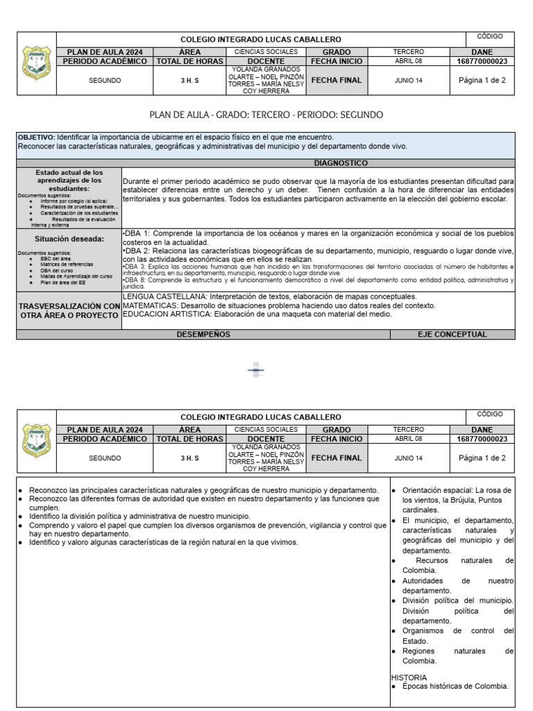 Plan de Aula Ciencias Sociales Grado Tercero Segundo Periodo 2024 | Descargar gratis PDF ...