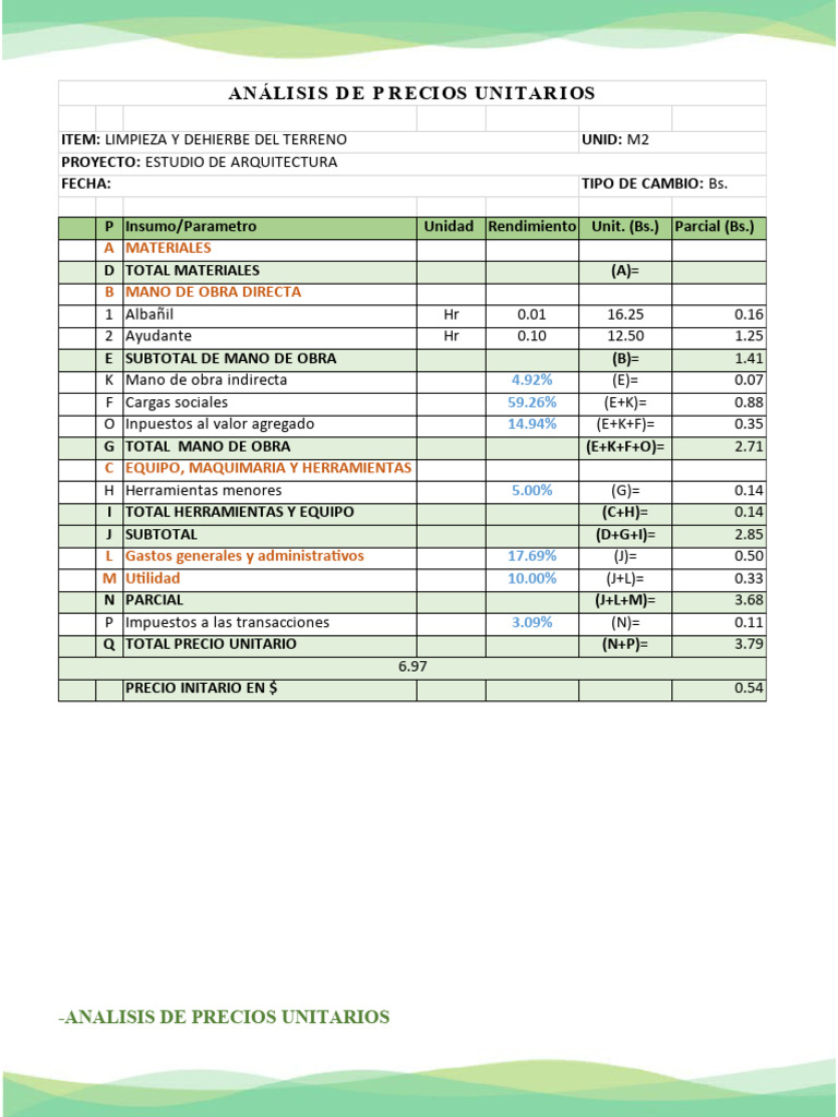 Análisis de Precios Unitarios para Construcción | PDF | Albañilería ...