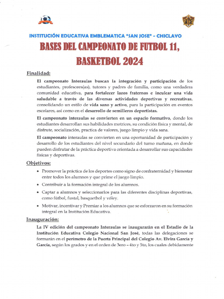 Bases Campeonato Interaulas CNSJ 2024 | PDF