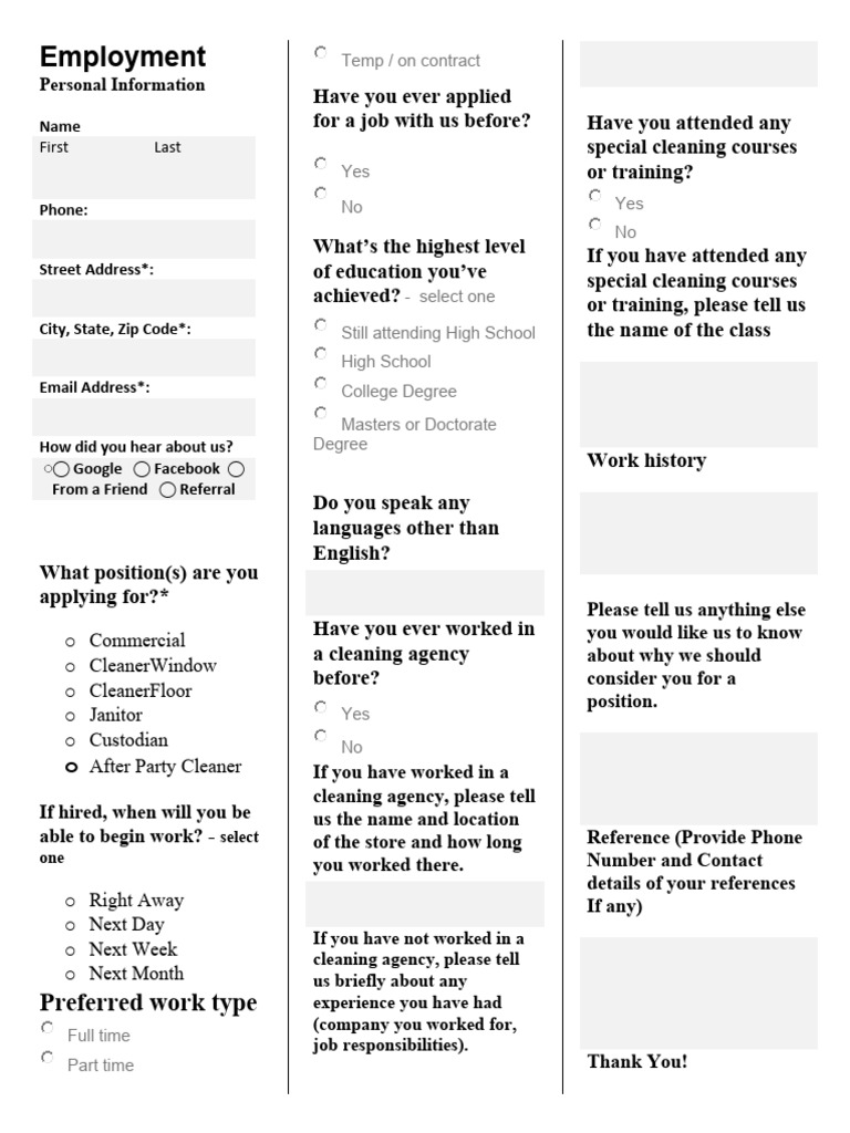 Cleaning Job Application Form | PDF | Career & Growth