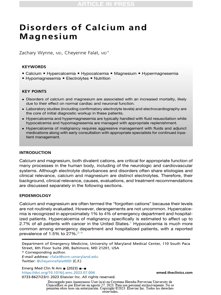 Disorders of Calcium and Magnesium | Download Free PDF | Homeostasis