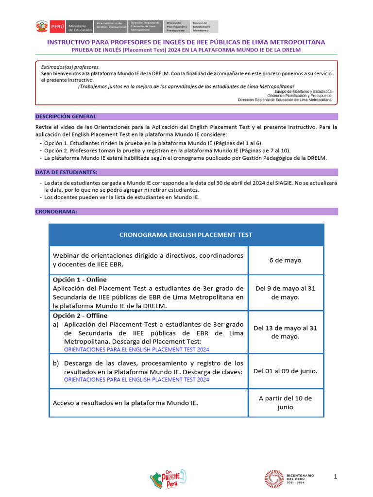 Instructivo para Docentes de Iiee Públicas-Mundo Ie-Placement Test 2024 ...