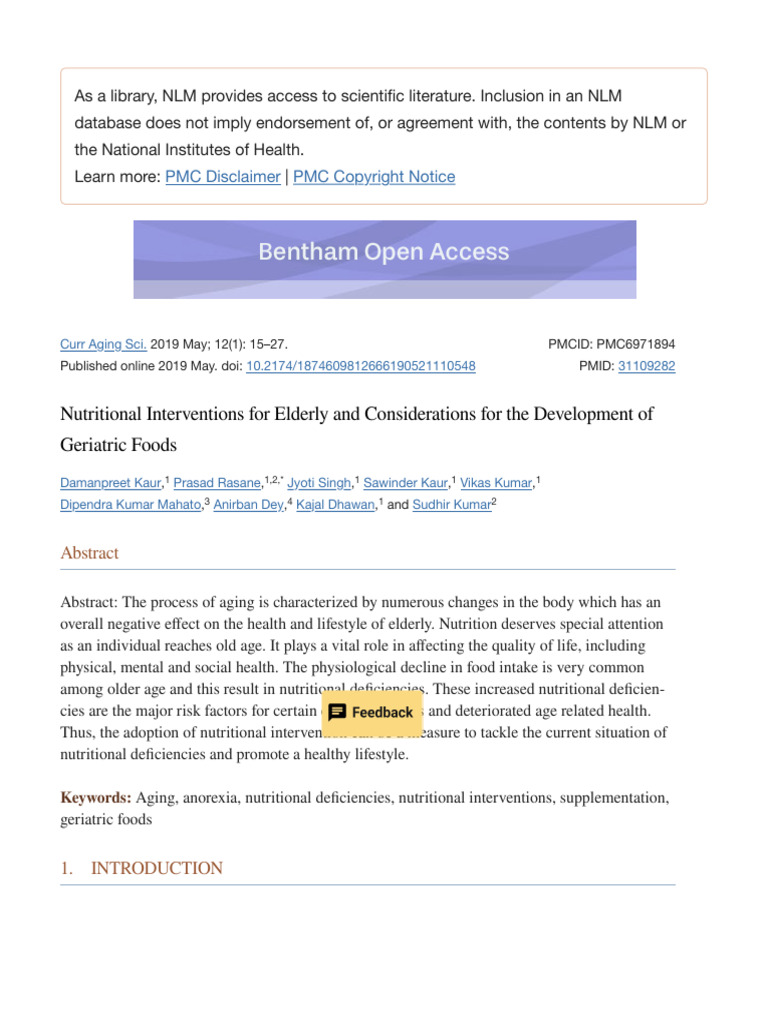 Nutritional Interventions For Elderly and Considerations For The ...