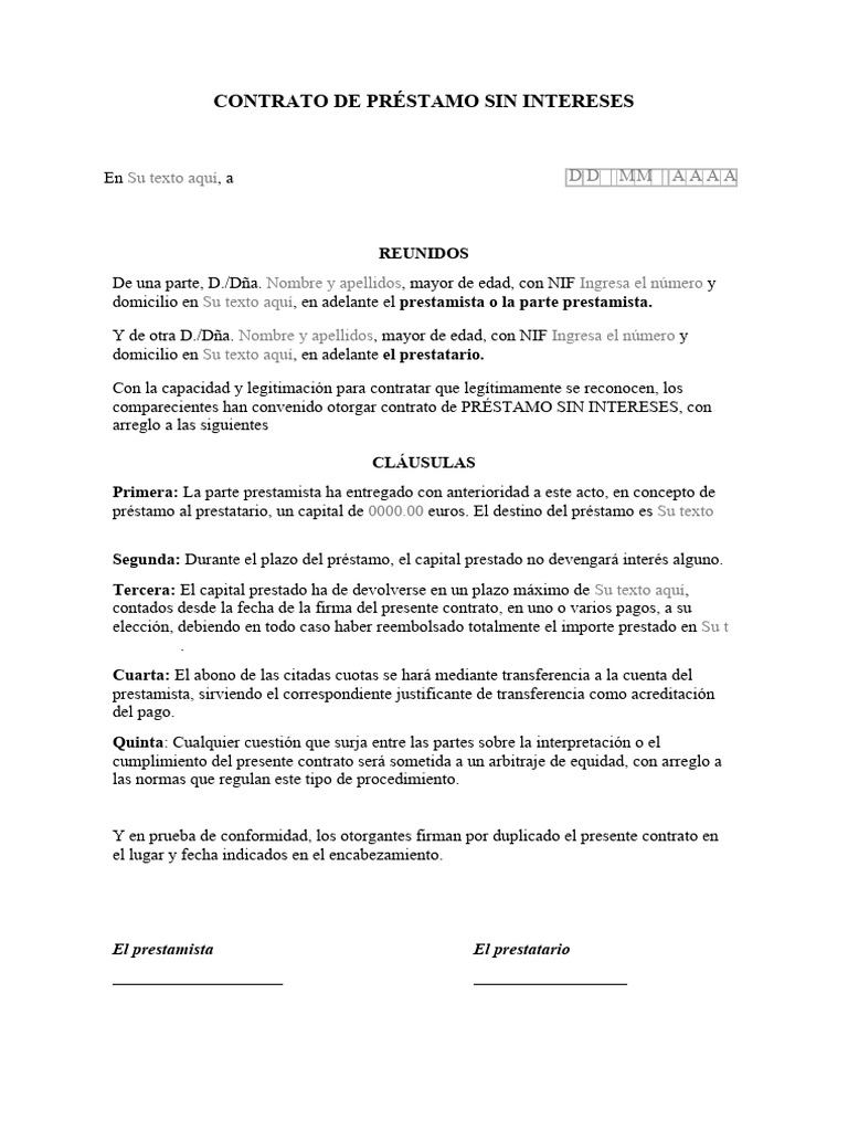 Contrato De Préstamo Familiar Sin Intereses Pdf