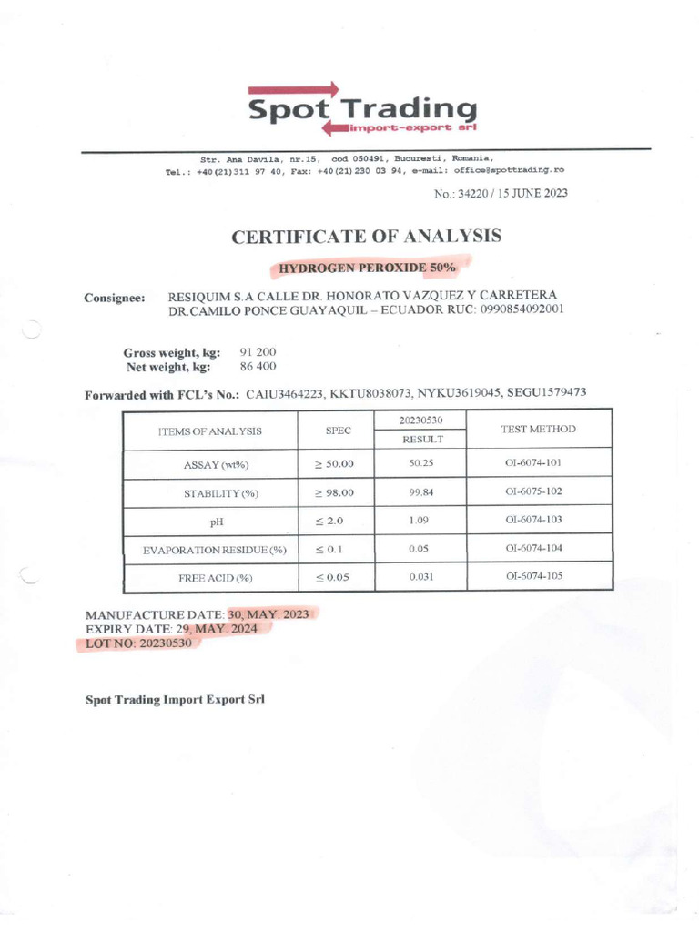 Hoja Tecnica H2O2 | PDF