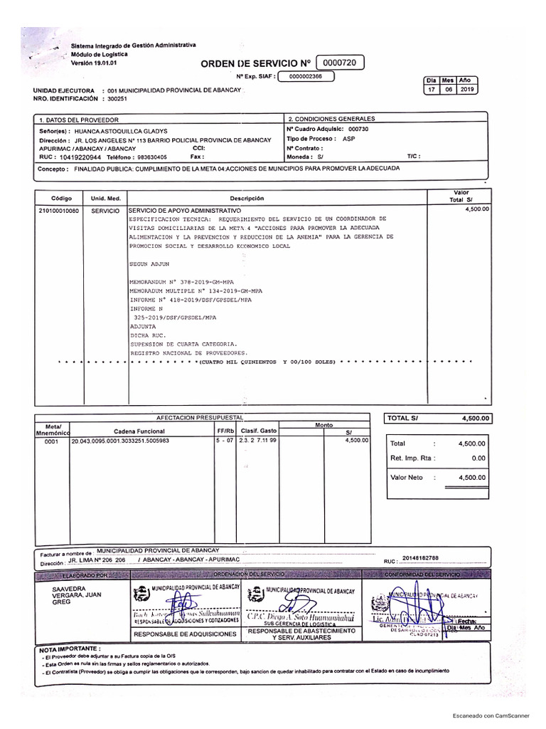 ORDEN DE SERVICIO N° 720 | PDF