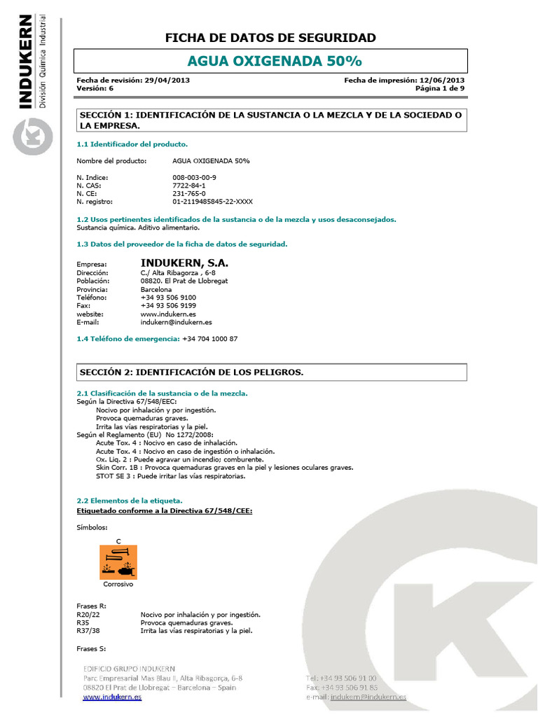 Ficha de Seguridad de H2O2 | PDF | Agua | Oxígeno