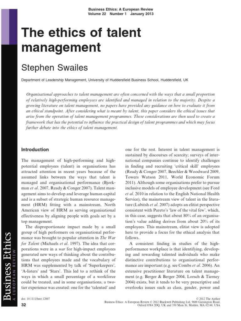 2013 Swailes The Ethics of Talent Management 2013 | PDF | Justice ...