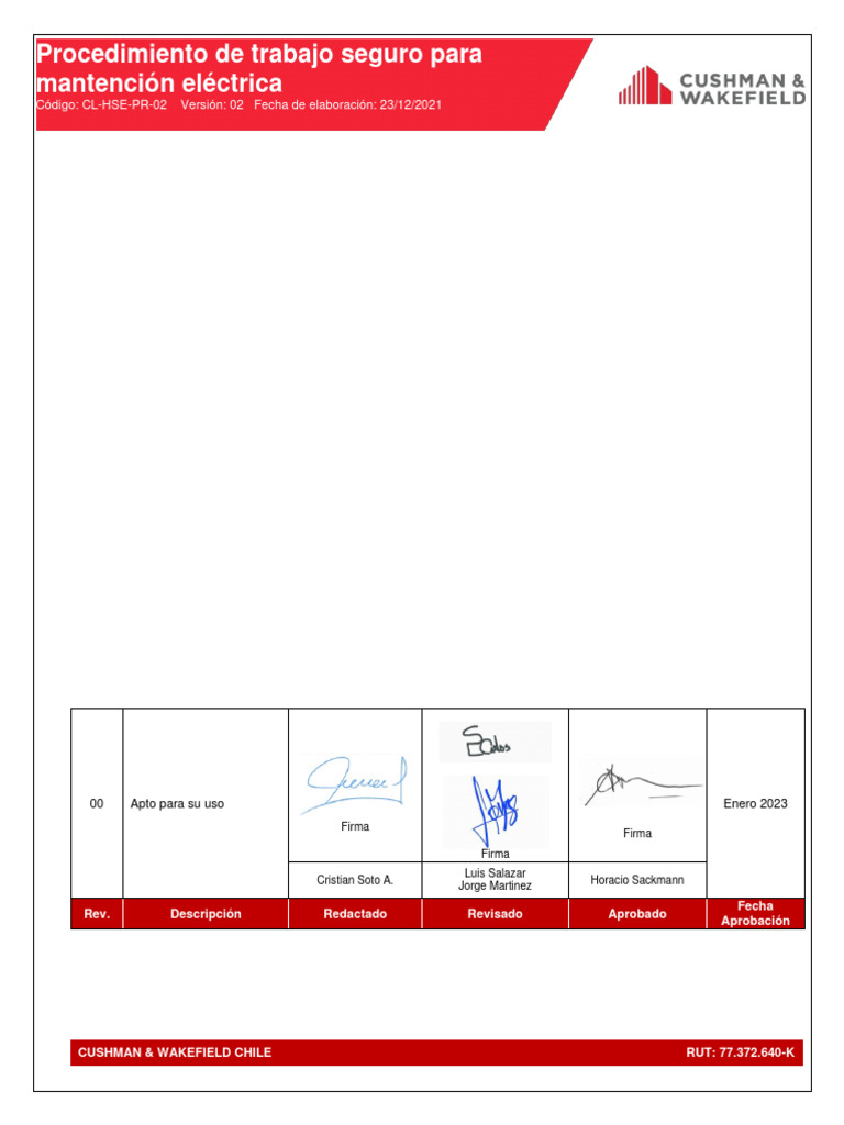 Cl-Hse-Pr-002 Procedimiento de Trabajo Seguro para Mantenciones Electricas Rev02 | PDF ...
