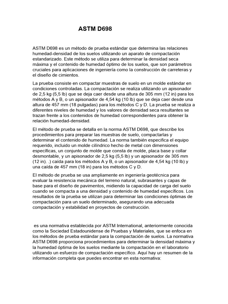 Astm D698 | PDF | Hogar, jardinería y bricolaje | Ciencia y matemáticas