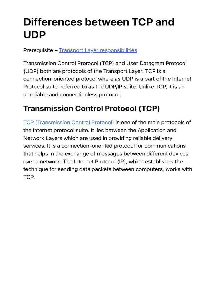 Differences Between TCP and UDP - GeeksforGeeks | PDF | Transmission ... Differences Between TCP and UDP - GeeksforGeeks | PDF | Transmission ...