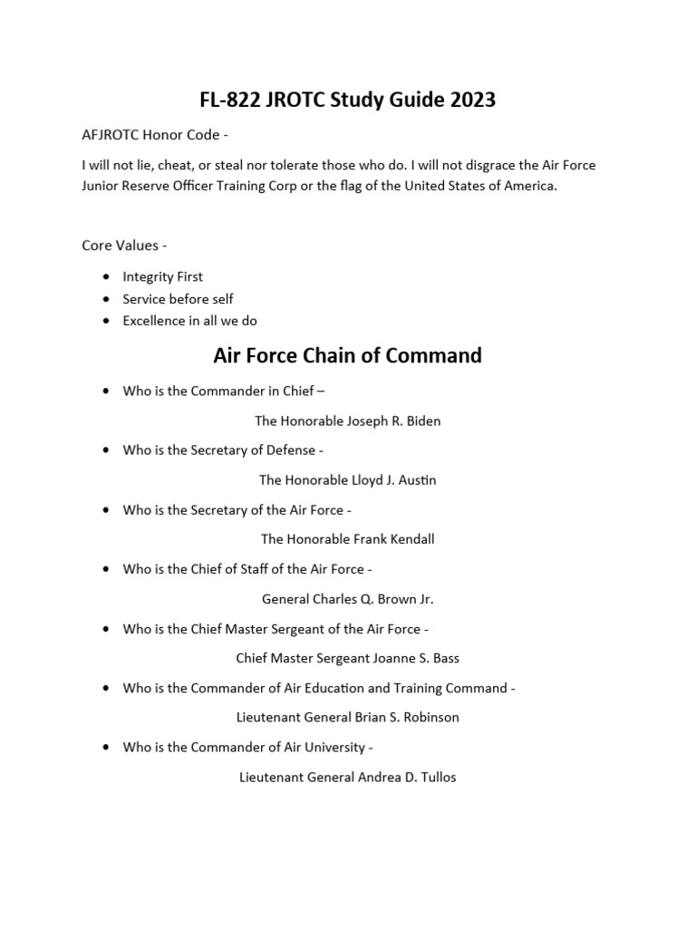 Fl-822 Jrotc Study Guide 2023-24 | PDF | Sergeant | Staff Sergeant